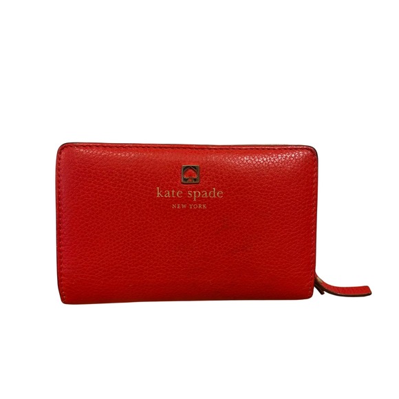 kate spade | Bags | Kate Spade New York Red Pebbled Leather Bifold Zip ...